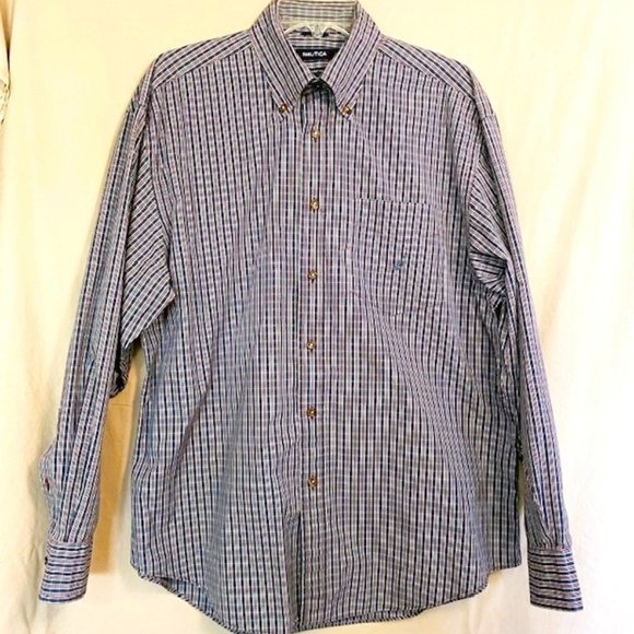 Nautica | Shirts | Nautica Shirt Mens L Large Buttondown Blue Plaid 8s ...